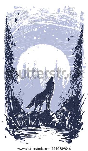 Graphic Silhouette Howling Wolf Standing On Stock Vector (Royalty Free ...
