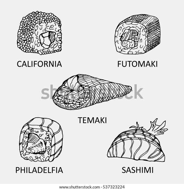 Graphic Sketch Different Kinds Sushi Vector Stock Vector (Royalty Free ...