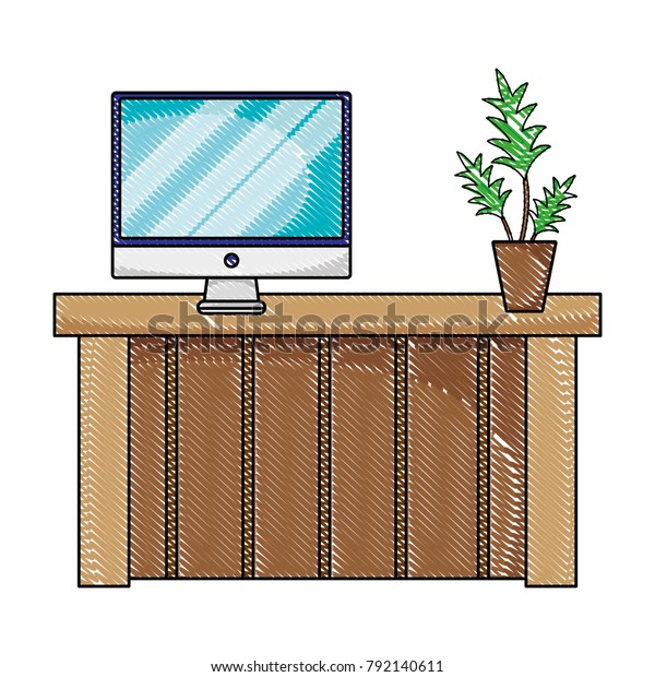 Grated Wood Desk Computer Screen Plant Stock Vector (Royalty Free ...