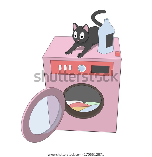 Gray Cat On Washing Machine Cartoon Stock Vector (Royalty Free) 1705512871