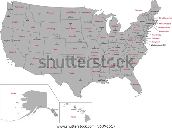 Gray Usa Map States Capital Cities Stock Vector (Royalty Free) 36096517
