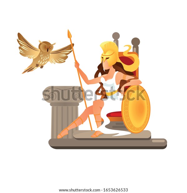 La diosa griega Atena con Escudo y lanza sentada en el trono. Símbolo ...
