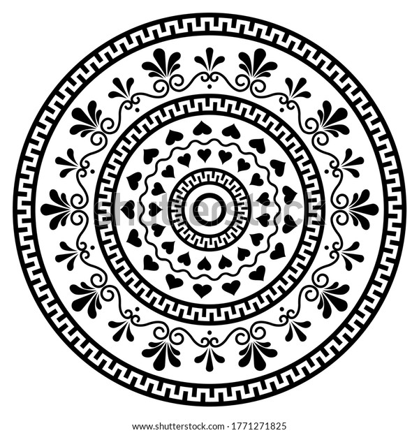 Greek vector boho mandala design with key pattern, flowers and swirls ...