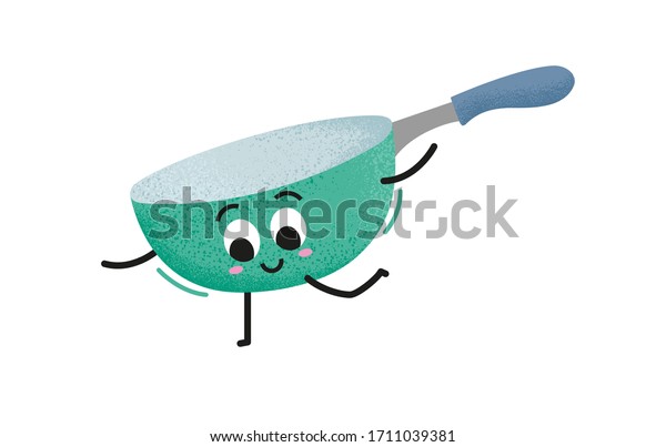 Green cute frying pan balancing on one leg. Happy wok pan vector ...