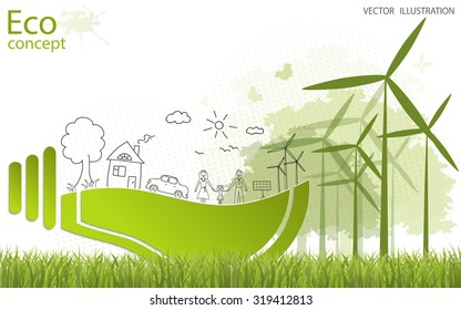 Green Ecological Concept Drawing Tree Wind Stock Vector (Royalty Free ...