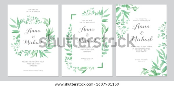 Green Leaves Border Wedding Invitations Set Stock Vector (Royalty Free ...