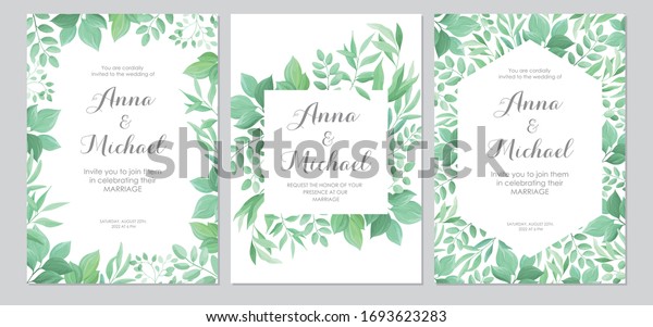 Green Leaves Border Wedding Invitations Set: เวกเตอร์สต็อก (ปลอดค่า ...