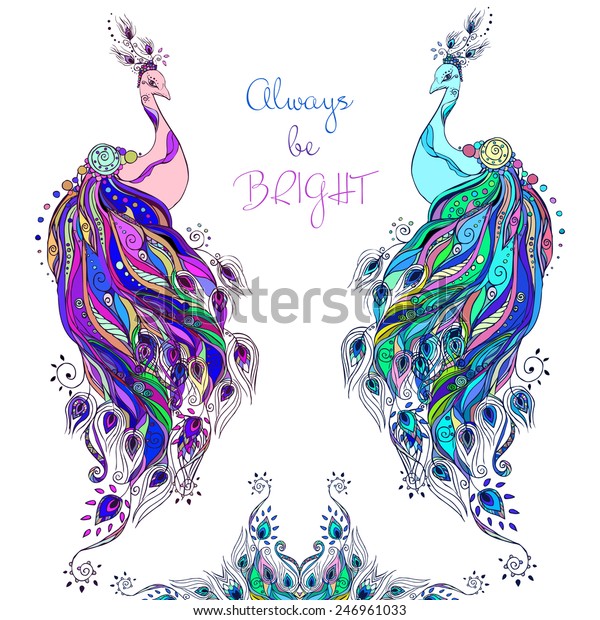 Greeting Beautiful Card Set Peacock Frame Stock Vector Royalty Free
