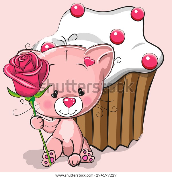 Greeting Card Cute Cat Rose Cake: vector de stock (libre de regalías ...