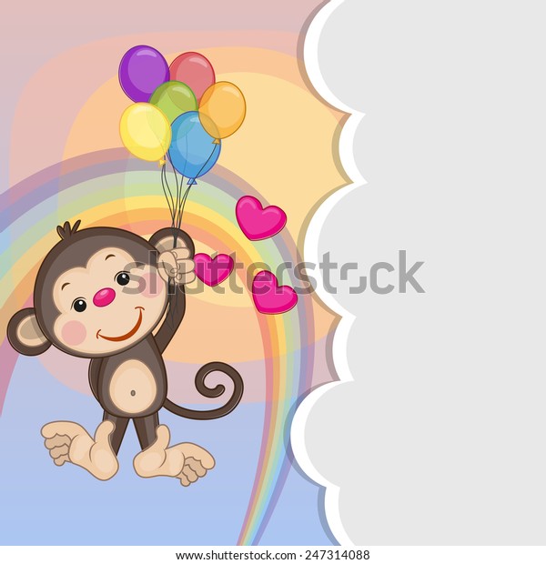 Greeting Card Cute Monkey Flying On Stock Vector (Royalty Free ...