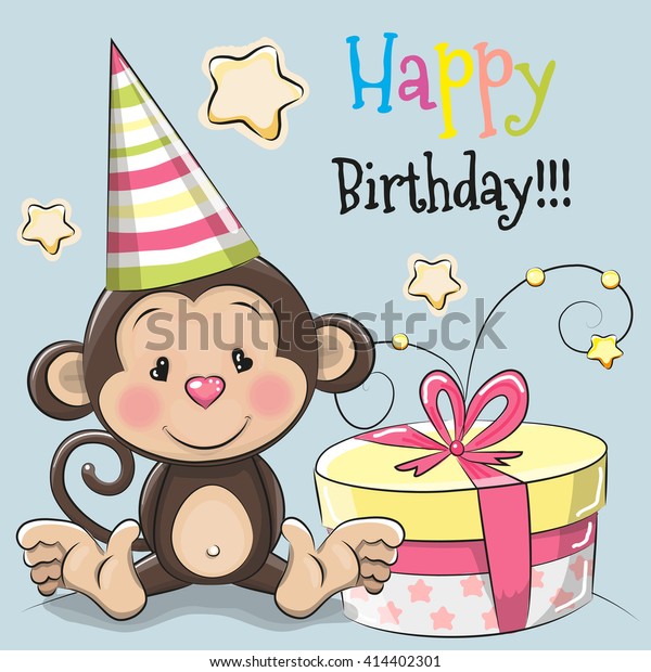 Greeting card cute monkey with gift on a blue background