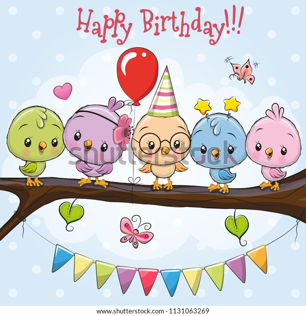 Greeting Card Five Cute Cartoon Birds Stock Vector (Royalty Free ...