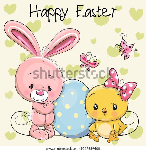 Greeting easter card Cute cartoon Rabbit and Chicken with egg