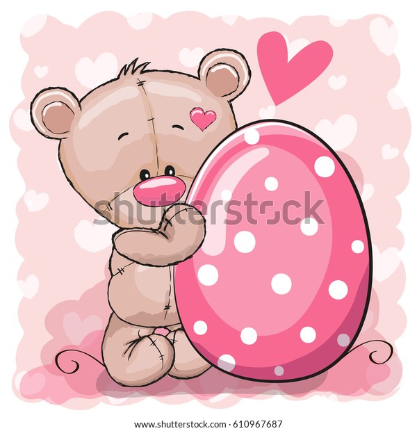 Greeting easter card Cute Teddy Bear with egg