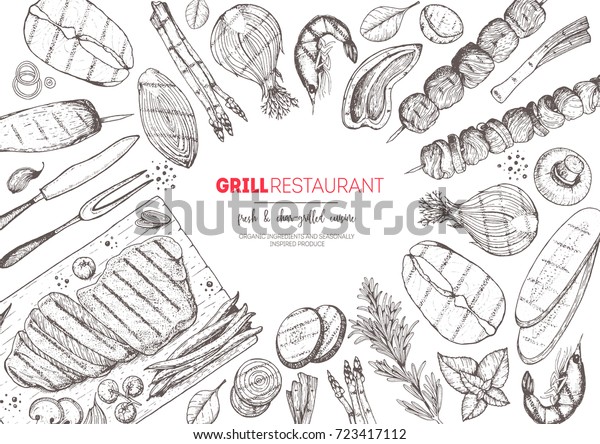 Grilled Meat Vegetables Top View Frame Stock Vector (Royalty Free ...