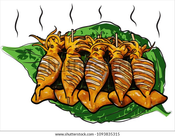 Grilled squid hot five piece on green vegetables.illustration vector