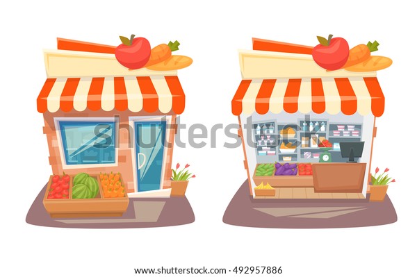 Lebensmittelgeschäft vor und innen. Cartoon Street Local Retail Shop ...
