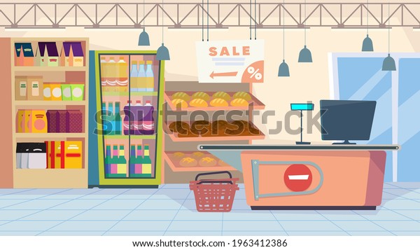 Grocery Store Interior Banner Flat Cartoon Stock Vector (Royalty Free ...
