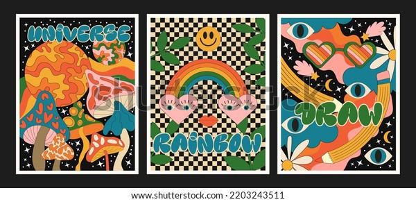 Groovy 90s Posters Cartoon Psychedelic Style Stock Vector (Royalty Free ...