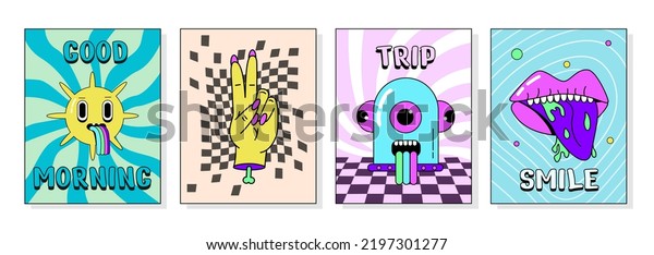 Groovy Cards Comic Flower Characters Psychedelic Stock Vector (Royalty ...
