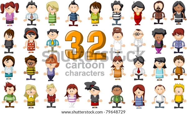 Group 32 Funny Cartoon People เวกเตอร์สต็อก (ปลอดค่าลิขสิทธิ์) 79648729