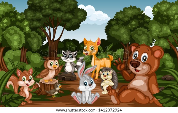 Group Cartoon Cheerful Animals Forest Cute Stock Vector (Royalty Free ...
