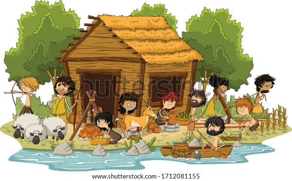 Group Cartoon Neolithic People Working Prehistoric Stok Vektör ...