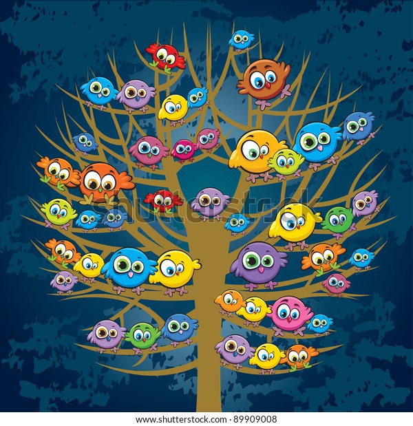 Group Colored Funny Birds Sitting On Stock Vector (Royalty Free) 89909008