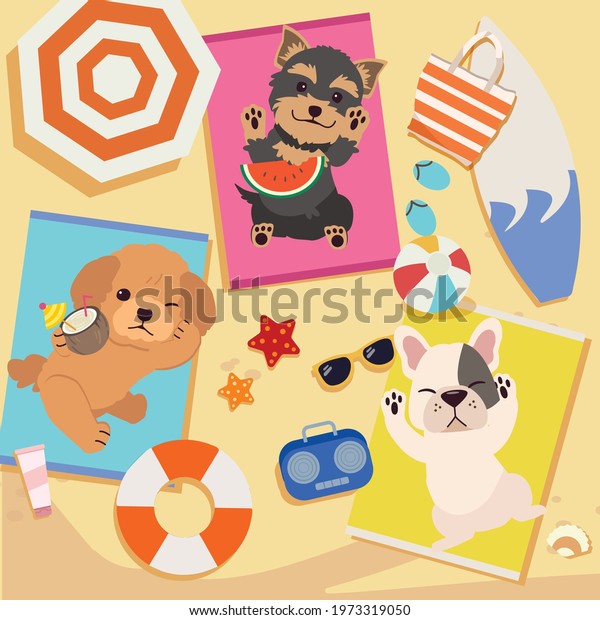 Group Cute Dog Sunbathing On Beach Stock Vector (Royalty Free) 1973319050