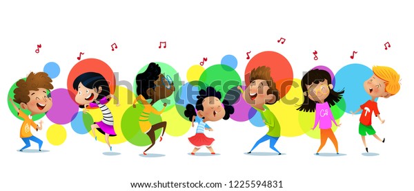Group Dancing Cartoon Children Vector Illustrations 스톡 벡터(로열티 프리 ...