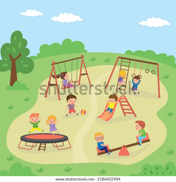 Group Different Cartoon Children Playing Playground Stock Vector ...