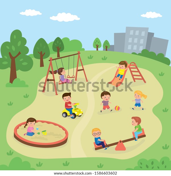 Group Different Cartoon Children Playing Playground 스톡 벡터(로열티 프리 ...