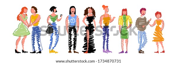 Group Doodle People Standing Row On Stock Vector (Royalty Free ...
