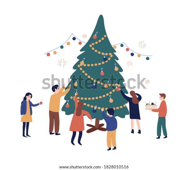 Group Friends Decorating Christmas Tree Together Stock Vector (Royalty ...