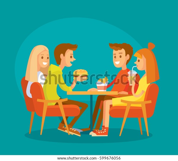 Group Friends Have Lunch Stock Vector (Royalty Free) 599676056 ...