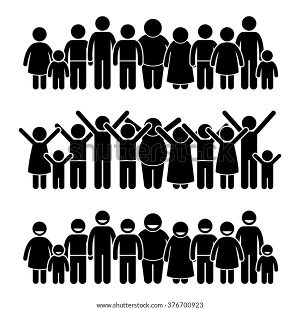 Group of Happy Children Standing Smiling and Raising Hands Stick Figure ...