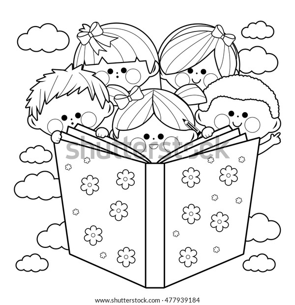 Group Kids Reading Book Coloring Book Stock Vector (Royalty Free) 477939184
