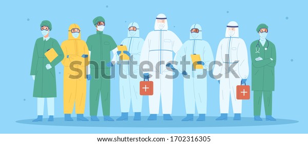 Group of medical workers in personal protective equipment. Physicians ...