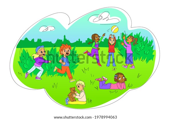 Group Multicultural Kids Playing Outside On: เวกเตอร์สต็อก (ปลอดค่า ...