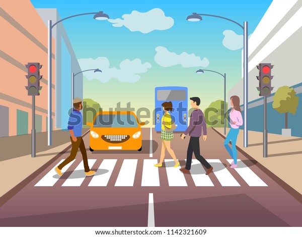 Group People Crossing Road On Crosswalk Stock Vector (Royalty Free ...