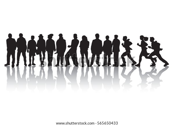 Group people stand in line black and white silhouette objects ...