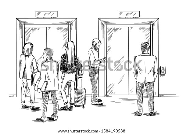 Group People Waiting Elevator Hand Drawn 库存矢量图（免版税）1584190588 ...