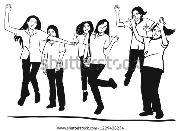 Group Six Happy Friends Jumping On Stock Vector (Royalty Free ...