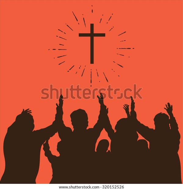 Group Worship Raised Hands Cross Worship 스톡 벡터(로열티 프리) 320152526