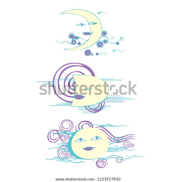 Growing Moon Anthropomorphic Moon Among Curls Stock Vector (Royalty ...