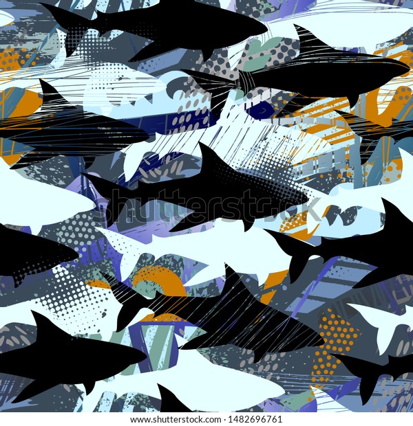 Grunge Seamless Pattern Cool Shark On Stock Vector (Royalty Free ...