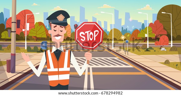 Guard Stop Sign On Road Crosswalk Stock Vector (Royalty Free) 678294982