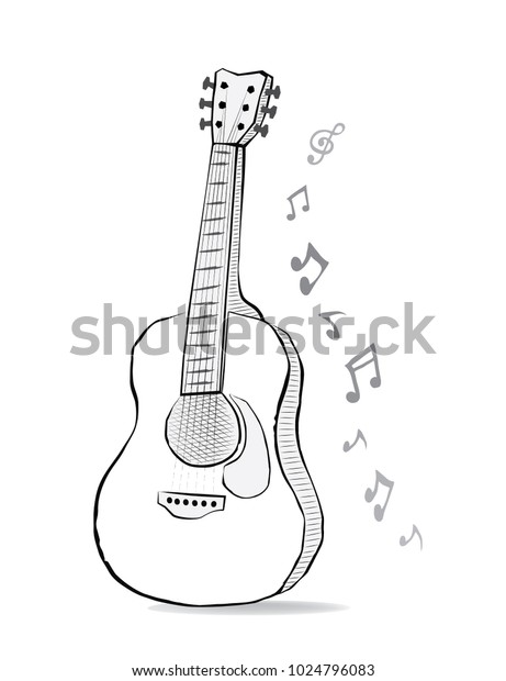 Guitar sketch drawing with music notes. Instrument and melody in doodle ...