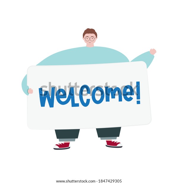 Guy Character Holding Welcome Sign Vector Stock Vector (Royalty Free ...