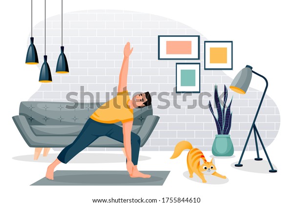 Guy Stands Triangle Pose Trikonasana Home Stock Vector (Royalty Free ...